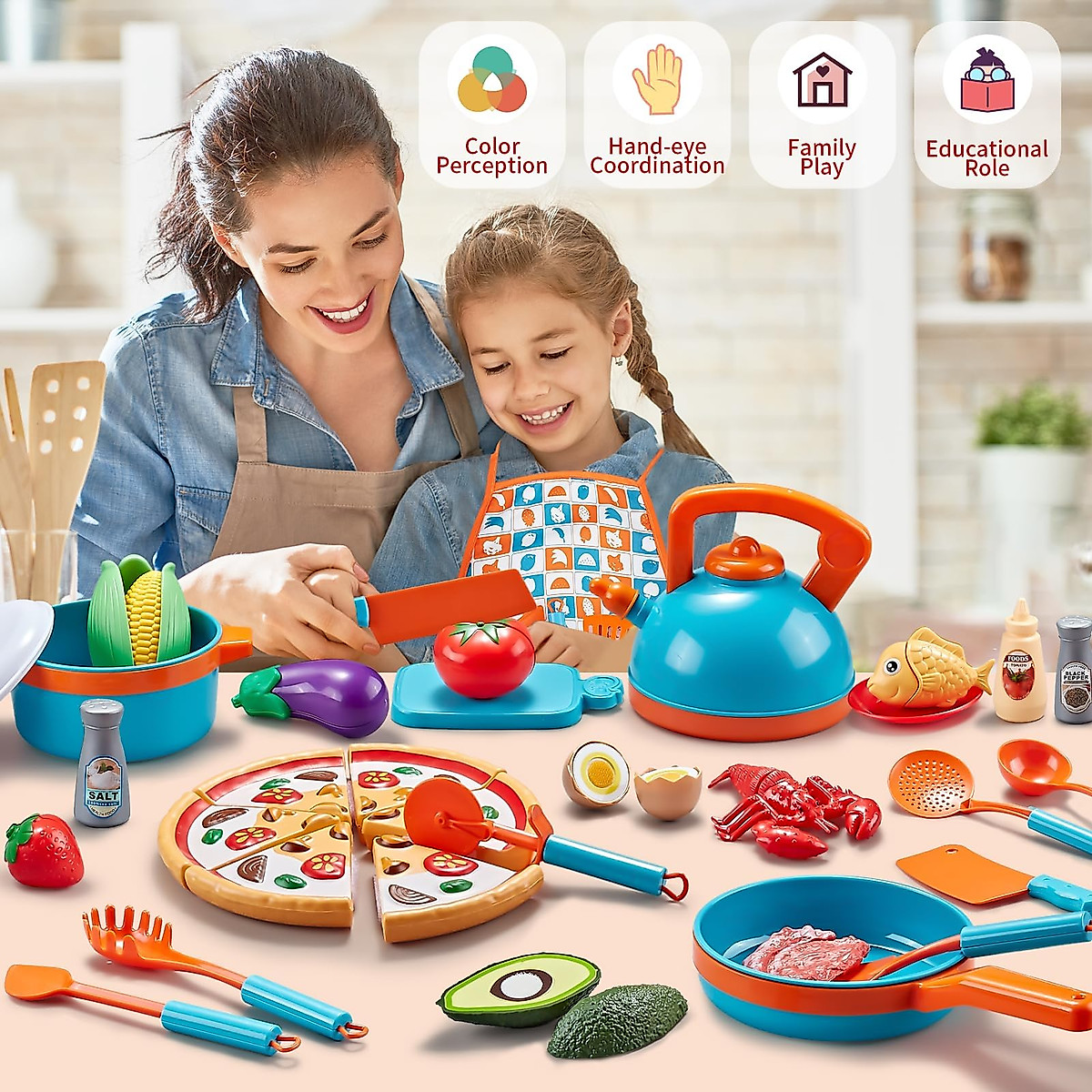 Laugigle Play Kitchen Accessories - 46Pc Kids Kitchen Playset with Kids Pots and Pans Playset, Pizza Toy, Play Food with Play Fruit Veggies, Kitchen Toys, Cooking Utensils Toy, Apron, Boys Girls Gift