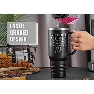 Onebttl Music Lover Gifts For Men, Women - Without Music Life Would B Flat - 40oz/1180ml Stainless Steel Insulated Tumbler with Handle, Straw & Lid - Musician Gifts, Musical Lovers Gift (Black)