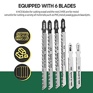 Jigsaw, KKnoon 6.5 Amp 3000 SPM Jig Saw with Laser, 800W Pure Copper Motor, 6 Variable Speed, 6 Replacement Blades, ±45° Bevel Cutting, 4 Orbital Settings, with Tool case