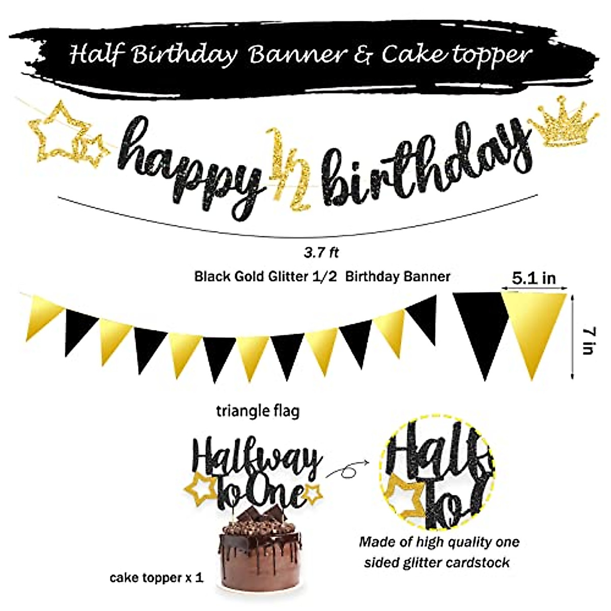 Half Birthday Decorations Baby Boy, Hombae 1/2 Birthday Boy Decorations Supplies, 6 Months Birthday Decorations Boy, Black Gold Glitter Half Birthday Banner with Triangle Flag Banner, 1/2 Birthday Hat Crown with Black Bow Tie, Halfway to One Cake Topper,