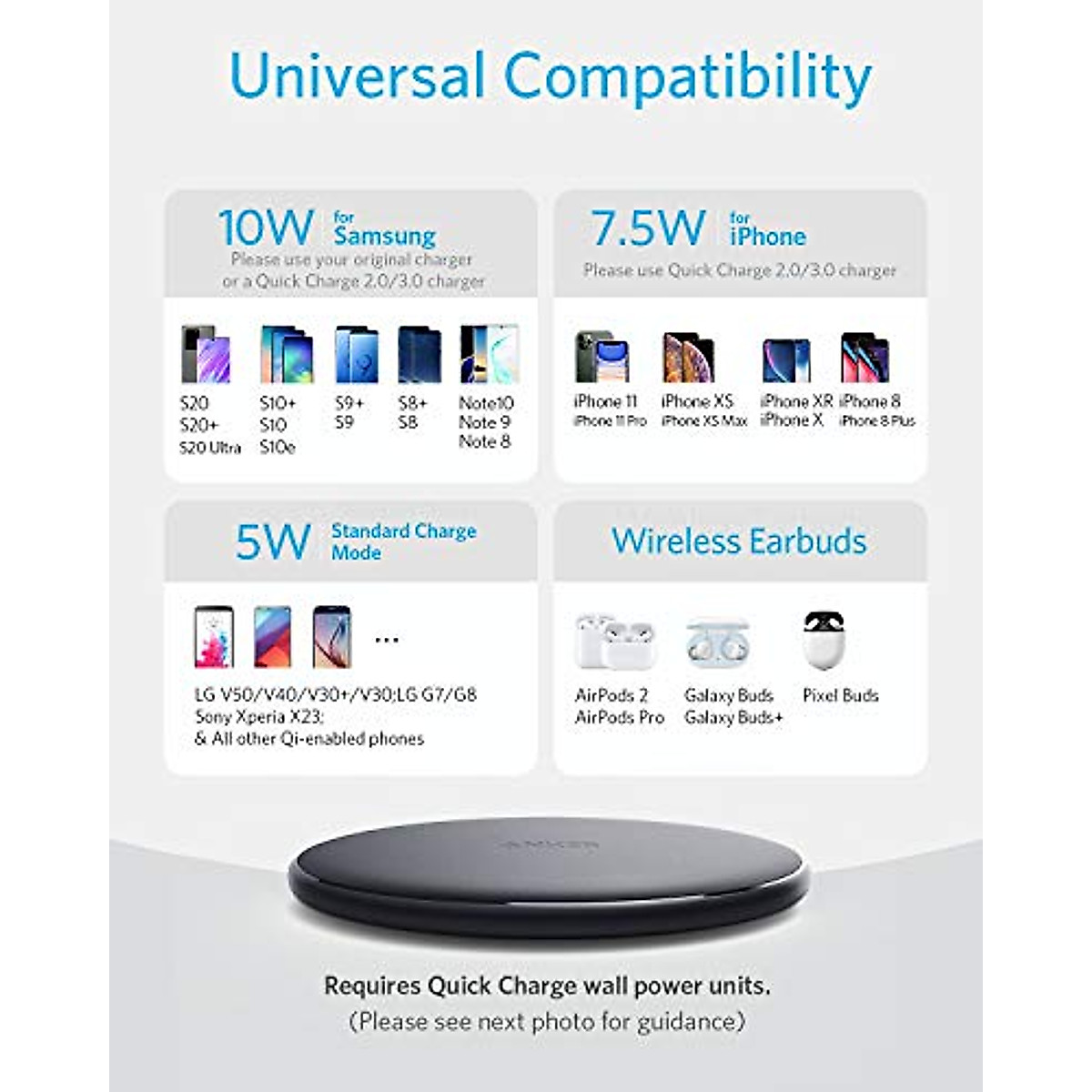 Anker Wireless Charger, 313 Wireless Charger (Pad), Qi-Certified 10W Max for iPhone 14/14 Pro/14 Pro Max/13/13 Pro Max, AirPods (No AC Adapter, Not Compatible with MagSafe Magnetic Charging)