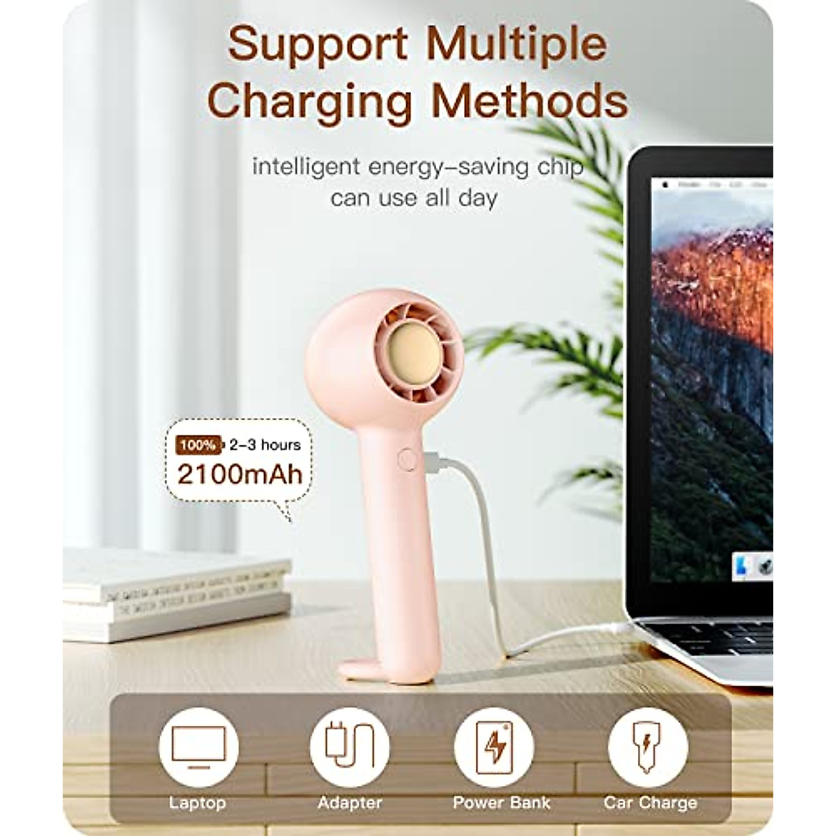 Cousper Handheld Portable Mini Fan with USB Rechargeable, 2 Speed Adjustable Strong Wind Cooling Fan, Lightweight and Powerful Makeup Personal Pocket Fan for Travel Office Home Indoor Outdoor Pink