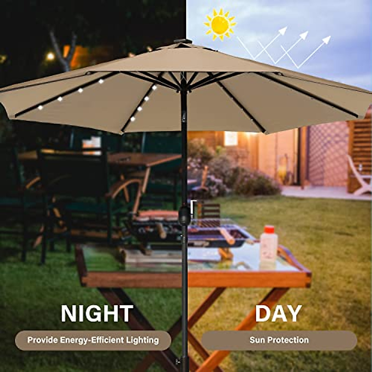 Simple Deluxe 9' Solar Umbrella 32 LED Lighted Patio Umbrella Table Market Umbrella with Push Button Tilt/Crank Outdoor Umbrella for Garden, Deck, Backyard and Pool, Tan