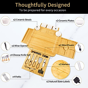 BEAUPLUS Cheese Board and Knife Set, Magnetic 4 Drawers Bamboo Charcuterie Boards, 15 x 13 x 2 Inch for Cheese, Meat and Fruit, Gift for Birthdays, Wedding Registry,Housewarming