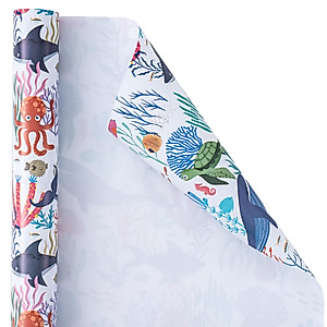 LeZakaa Ocean Wrapping Paper Roll - Cartoon Design of Ocean, Whale, Turtle, Sea Creature for Birthday, Baby Shower, Holiday Party for Boys Girls Kids - 17 inches x 32.8 Feet (46.45 sq.ft.)