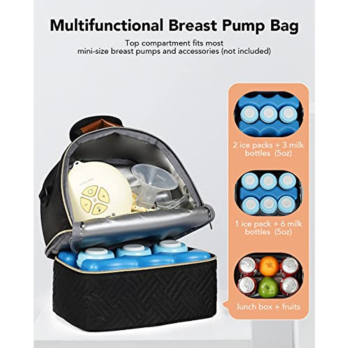 Lekereise Breast Pump Bag Backpack with Cooler, Wearable Pumping Bag with 2 Ice Packs Fits 6 Bottles, Portable Storage Bag for Work, Travel-Black