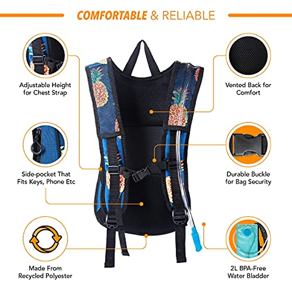 Vibe Hydration Pack Backpack with 2L Bladder for Women, Men, Teens, Kids - Sports, Outdoor, Running, Camping, Hiking, Festivals, Raves (Pineapple)