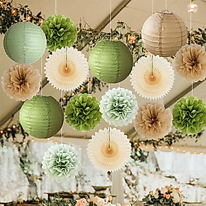 Olive Green and Brown Party Decorations Sage Green Paper Lanterns Champagne Tissue Paper Pom Poms Beige Paper Fans Kit for Birthday Bridal Shower Wedding Olive Green and Brown Baby Shower Decorations