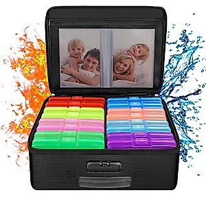 ENGPOW Fireproof Photo Storage Box with 16 Inner 4" x 6" Photo Cases(Multi-Colored), Photo Organizer Box with Lock,Collapsible Portable Photo Storage Containers with Handle for Photos,Picture,Craft
