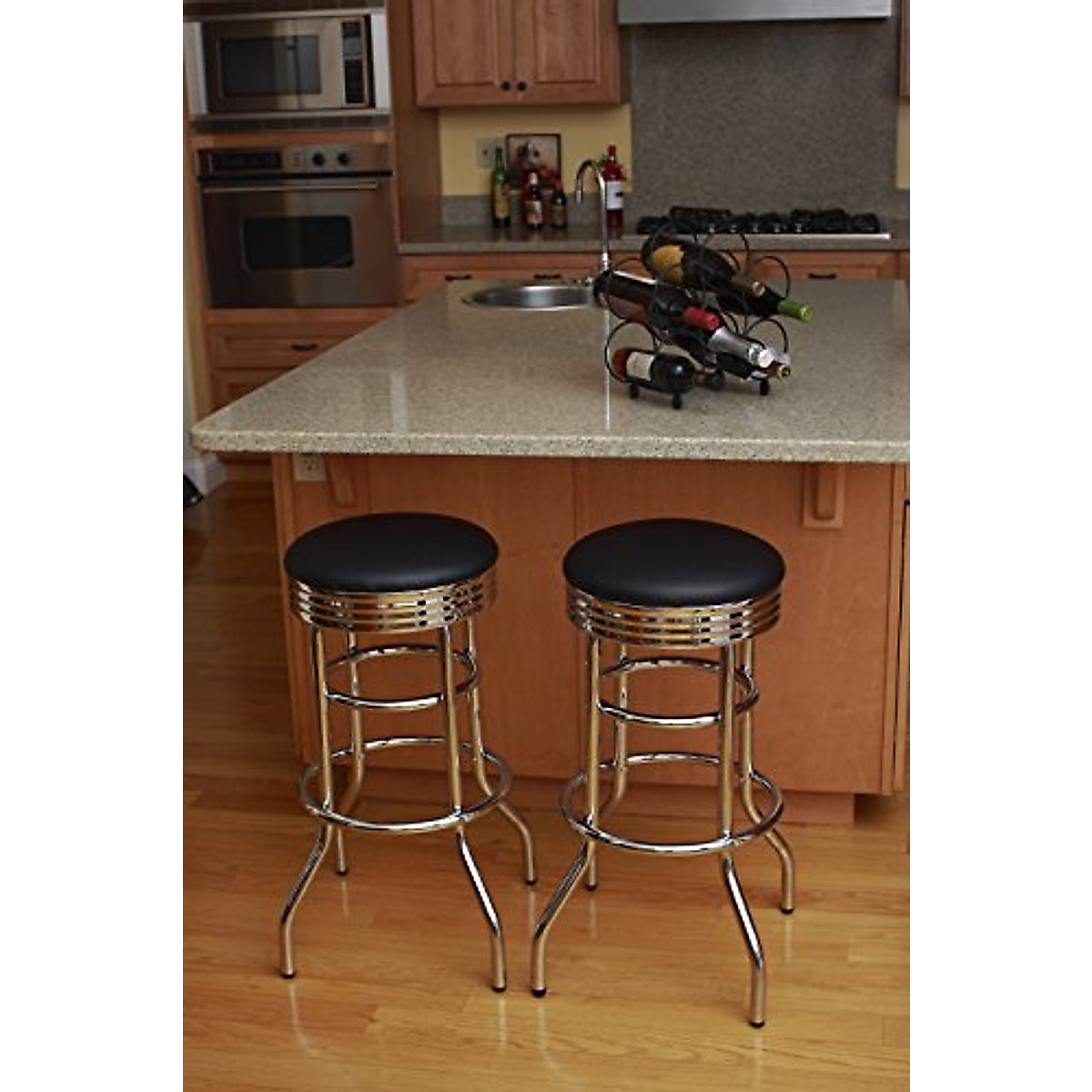 TRINITY Heavy Duty 30-Inch Backless Swivel Bar Stool for Kitchen, Garage, or Workshop, Chrome Finish with Faux Leather Seat, 2 Pack, Black