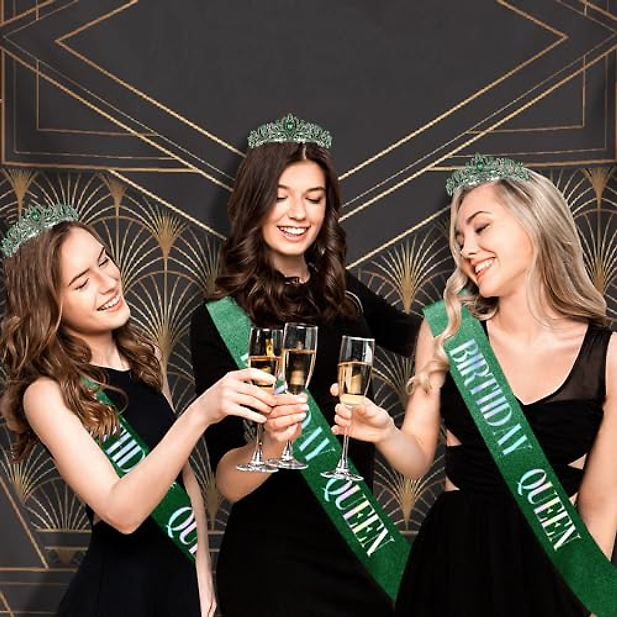 Green Tiara Sash Gifts with Rhinestone Crystal Headband - Princess Queen Crown Decorations and Accessories for Women