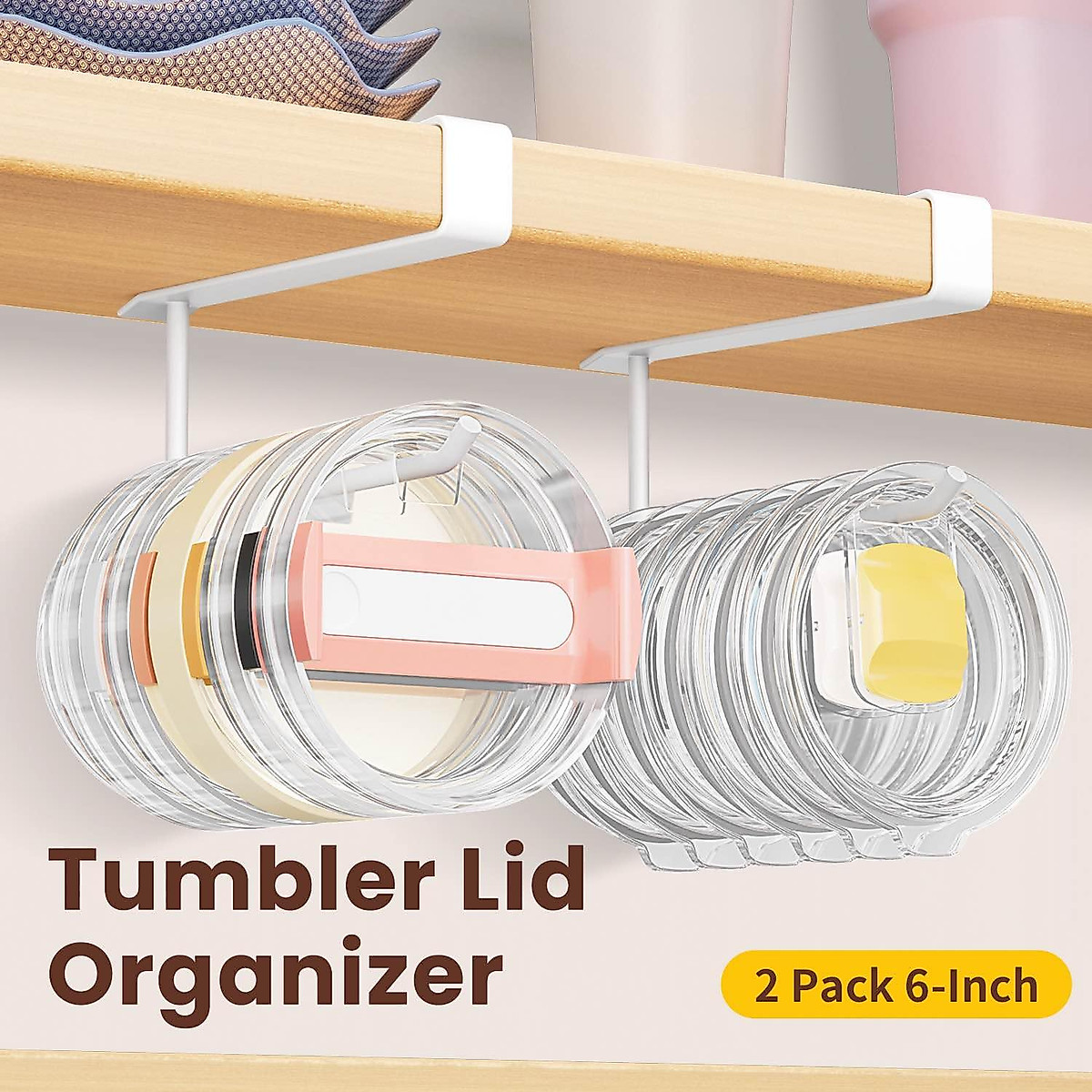 Amawarm 2 Pack Tumbler Lid Organizer, Under Cabinet Cup Lid Holder for Yeti Insulated Mug/Stanley Insulated Mug/Simple Modern Insulated Mug Lid, No Gluing, No Drilling, Up to 10 Lids (White)