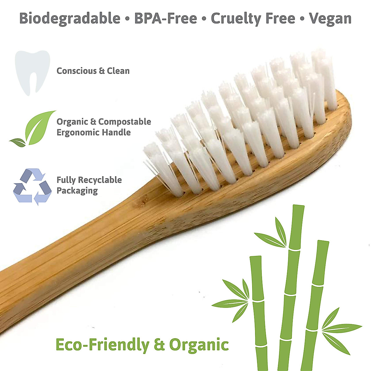 Organic, BPA-Free Bamboo Toothbrush - Biodegradable, Environment-Friendly, Natural, Compostable, Vegan - Clean Teeth, Clean Conscience, Good Oral and Heart Health (8-Pack, White - Hard Bristle)