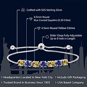 Gem Stone King 925 Sterling Silver Yellow Citrine and Blue Created Sapphire Tennis Bracelet For Women (2.33 Cttw, Round 4.5MM, Gemstone Birthstone, Fully Adjustable Up to 9 Inch)