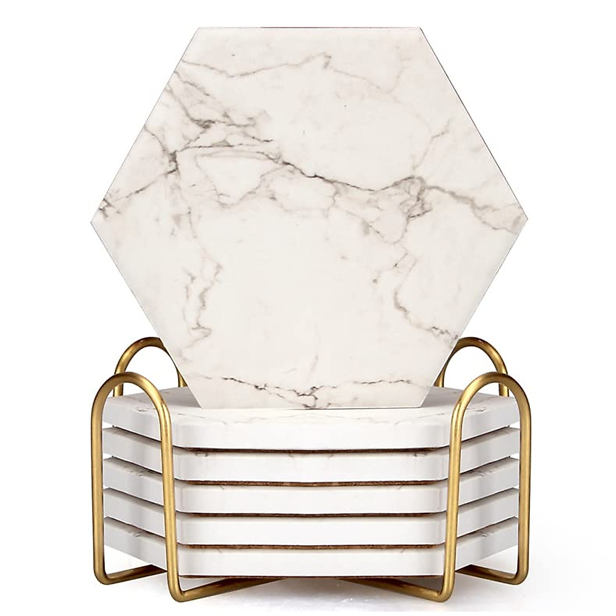 6 Pcs Cute Marble Absorbent Coaster Set with Holder Hexagon Drink Coasters Modern White Ceramic Thirstystone Coasters Cup Wine Coaster Table Bar Coasters Stone Coasters