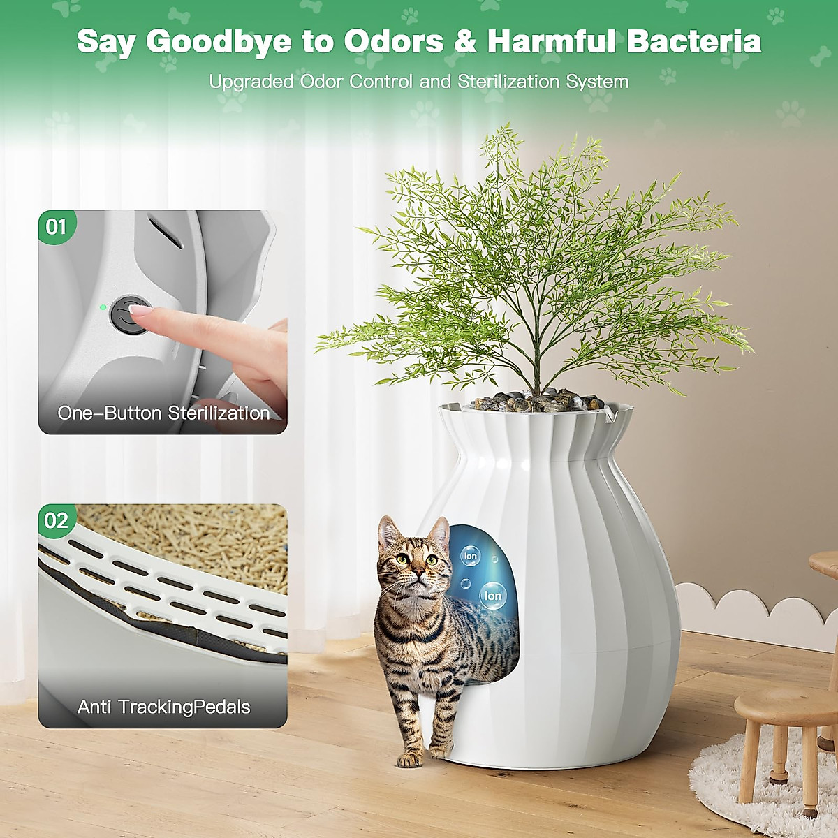 Plant Litter Box Equipped with Odor Removal System,Hidden Cat Planter Litter Box Enclosure for Big Cats,Enclosed Secret Cat Litter Box with Artificial Plant & Cobblestone,Easy to Clean and Assemble