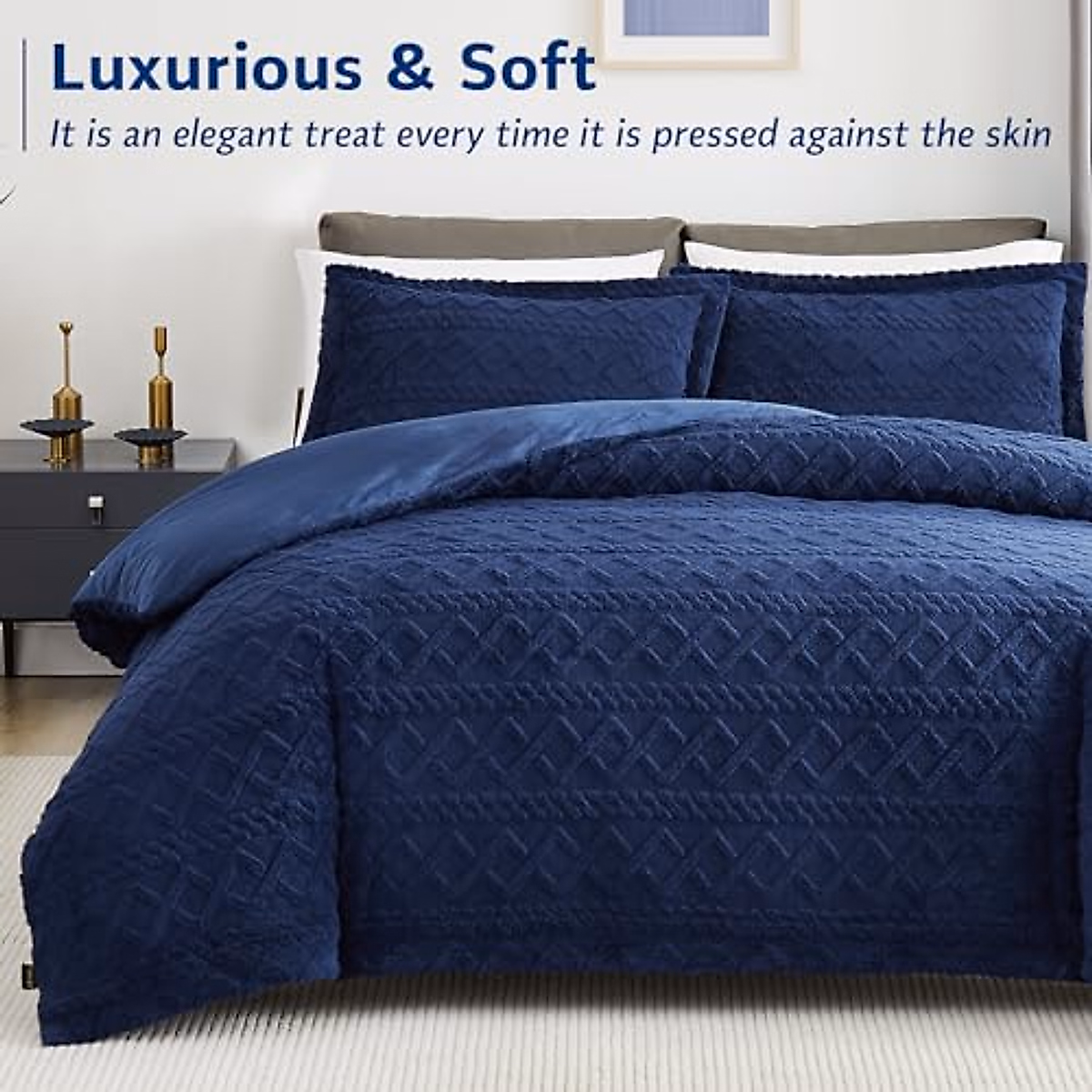 Topcee Navy Blue Duvet Cover Queen Size-Tufted Queen Duvet Cover Set - Extremely Fluffy Soft Plush, 3 Pieces with Zipper Closure (1 Bedding Duvet Cover 90x90 inches and 2 Pillow Shams)