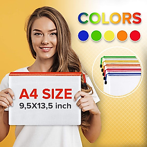 5 Pack Mesh Zipper Pouch Bags A4-13.5x9.5 in Plastic Zipper Pouches for Organizing - Document Bags With Zippers - Letter Size Zippered Pouches - Document Pouch With Zippers