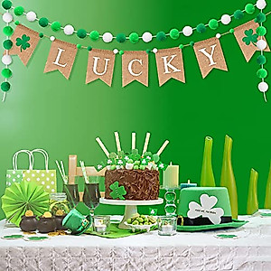 WATINC 2PCS St. Patrick's Day Burlap Banner Felt Ball Garland Set, Shamrock Bunting Pom Pom Garlands Decoration, Lucky Clover Hanging Decor for Saint Patty’s Day Party Mantle Fireplace Home Wall