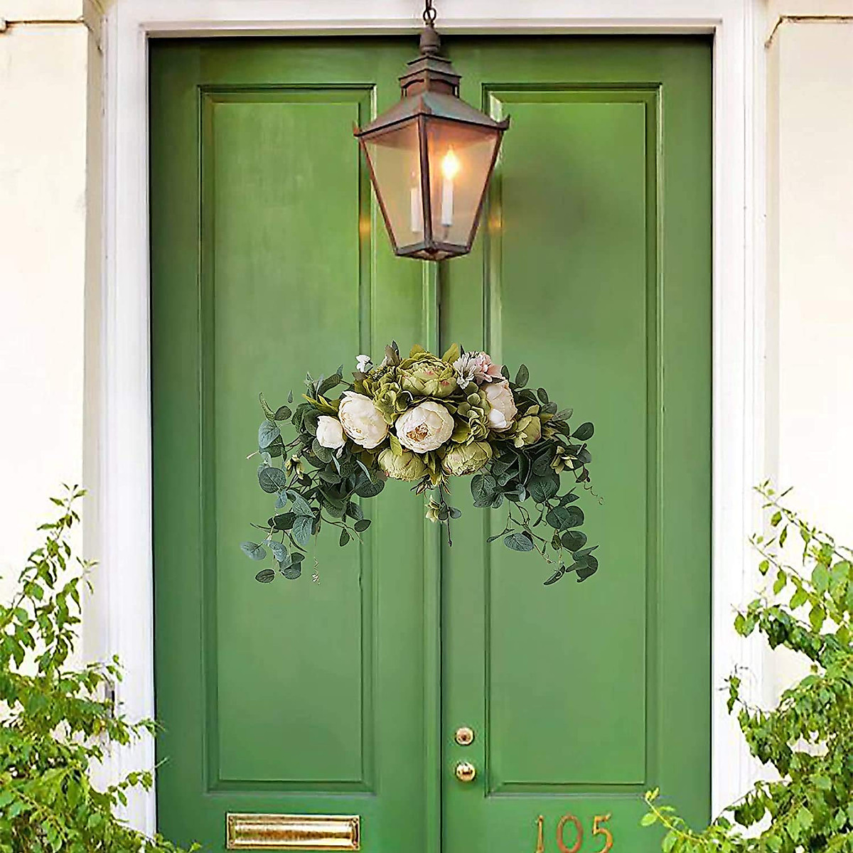 JVSISM Floral Swag, Peony Flowers and Eucalyptus Leaves, Front Door Lintel Swag, for Wedding Wall Window Arch Home Garden Decor