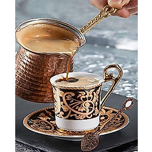 Turkish Coffee Pot and Copper Spoon Set - 9 Oz Thick 2mm Antique Copper Looking - Stove top Coffee Maker Cezve with Copper Handle & Copper Spoon - for 3 People
