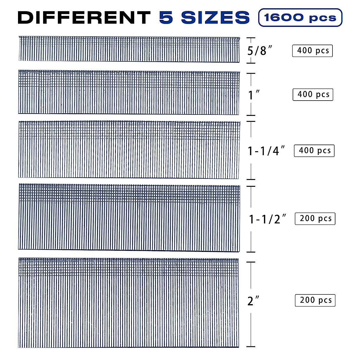 SimCos18 Gauge Brad Nails 2”,1-1/2",1-1/4",1",5/8",1600 pcs Assorted Project Pack,Galvanized 18 GA Nail Gun Nails Assorted and Small Finishing Nails for Pneumatic, Electric Brad Nailer