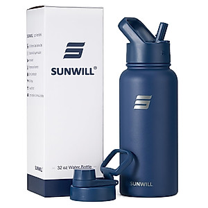 SUNWILL Insulated Water Bottle with Straw 32oz, Stainless Steel Travel Water Bottle, Reusable Wide Mouth Flask with 2 Lids (Straw & Spout Lid), Leak Proof BPA Free Thermal Canteen, Navy