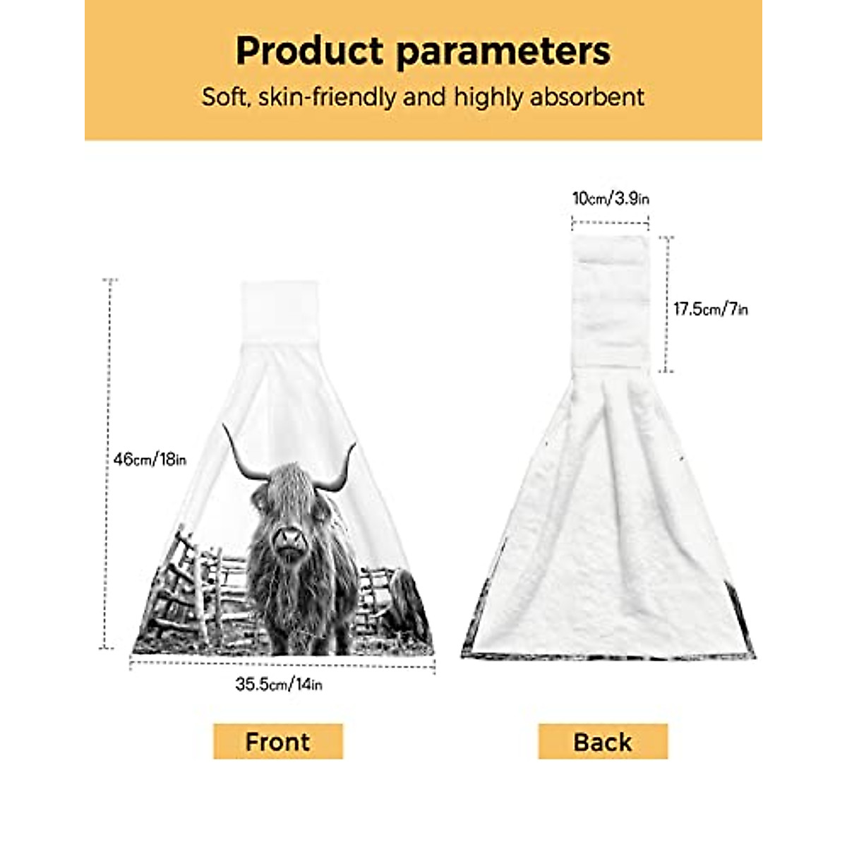 Farmhouse Yak Kitchen Towels with Hanging Loop 2 Pack, Absorbent Hand Towels for Bathroom, Grey Funny Cute Farm Animals Rustic Hand Kitchen Towel Tea Bar Dish Cloths Tie Towel 18"x14"