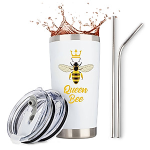 JENVIO Bee Mothers Day Gifts for Women | Queen Bee Lover | White Stainless Steel Wine/Coffee Travel Tumbler/Mug Includes Lid 2 Straws and Gift Box | Valentine's Day Bumble Bee (20 Ounce)