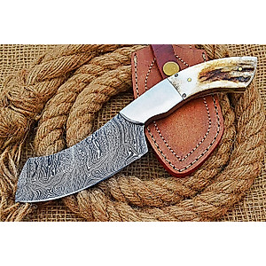 HUNTEX Handmade Hand-Forged Twist Pattern Damascus Steel 9 Inch Long Full Tang Natural Deer Antler Handle Razor Sharp Hunting Camping Cleaver Knife w/Genuine Leather Sheath