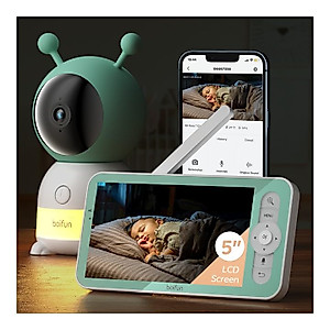 BOIFUN 5" Video Baby Monitor, 2K Baby Monitor With Night Light & Lullabies, Motion & Sound Detection, Auto Tracking & PTZ, Night Vision & Feeding Reminder, FHSS & App Control, With Wall Mount Base