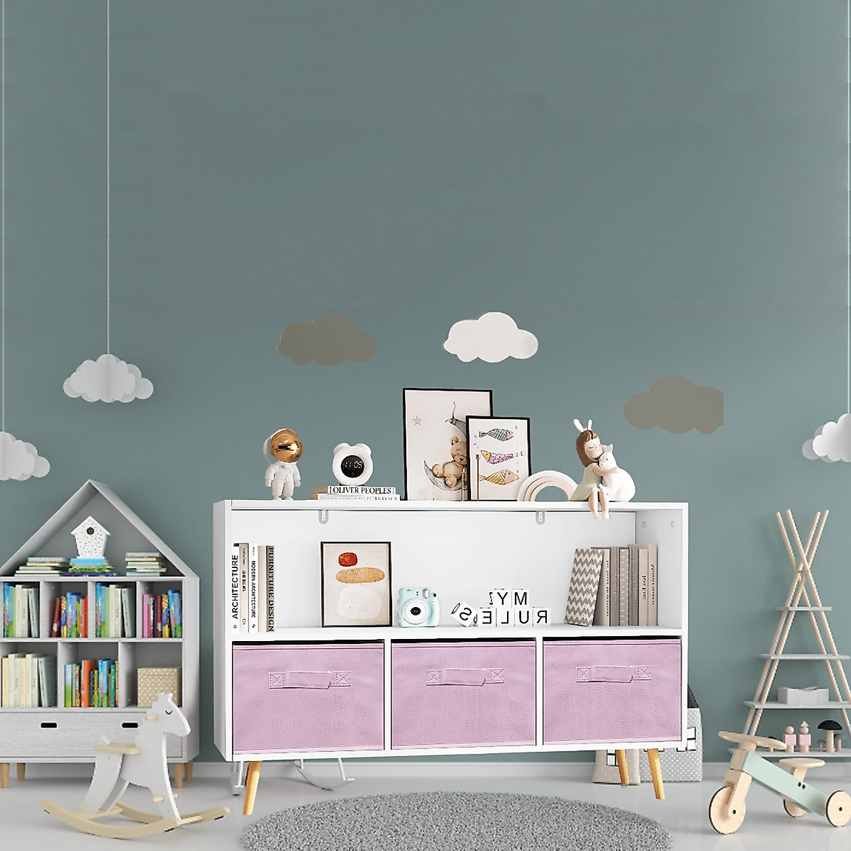 Zacis Kids Bookshelf, Kids Book Rack with Collapsible Fabric Drawers, Toy Storage Organizer Cabinet Bookcase for Kids Room, Nursery, Playroom, Bedroom