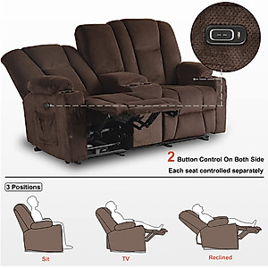 MCombo Fabric Power Loveseat Recliner with Console, Electric Reclining Loveseat Sofa with Heat and Massage, Cup Holders, USB Charge Port for Living Room 6045 (Brown)