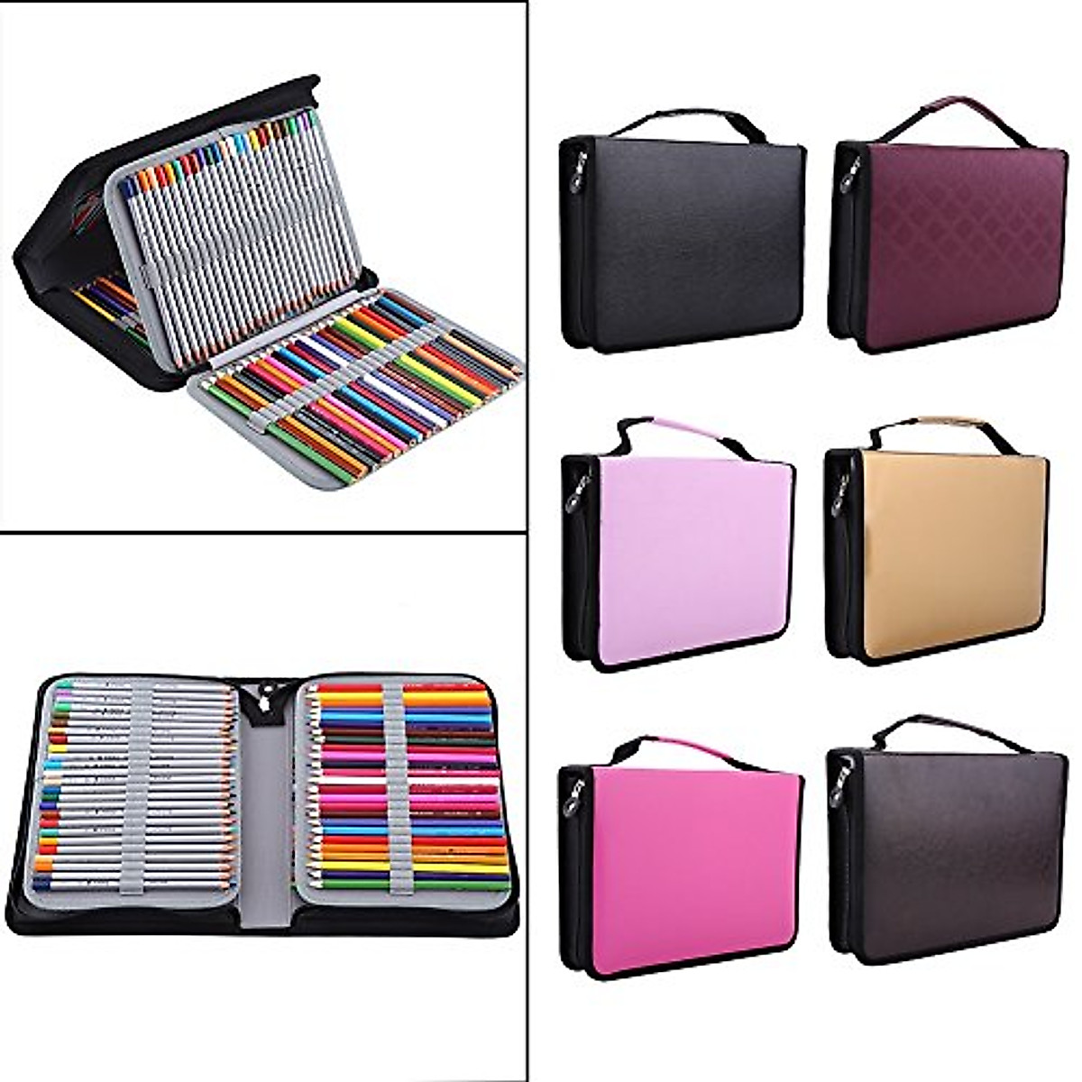 Yosoo 150 Slots PU Leather Fabric Pencil Case Large Capacity Zippered Pen Bag Pouch with Handle Strap Multi-Layer Art Pencils Storage Organizer Stationary Case, Pink