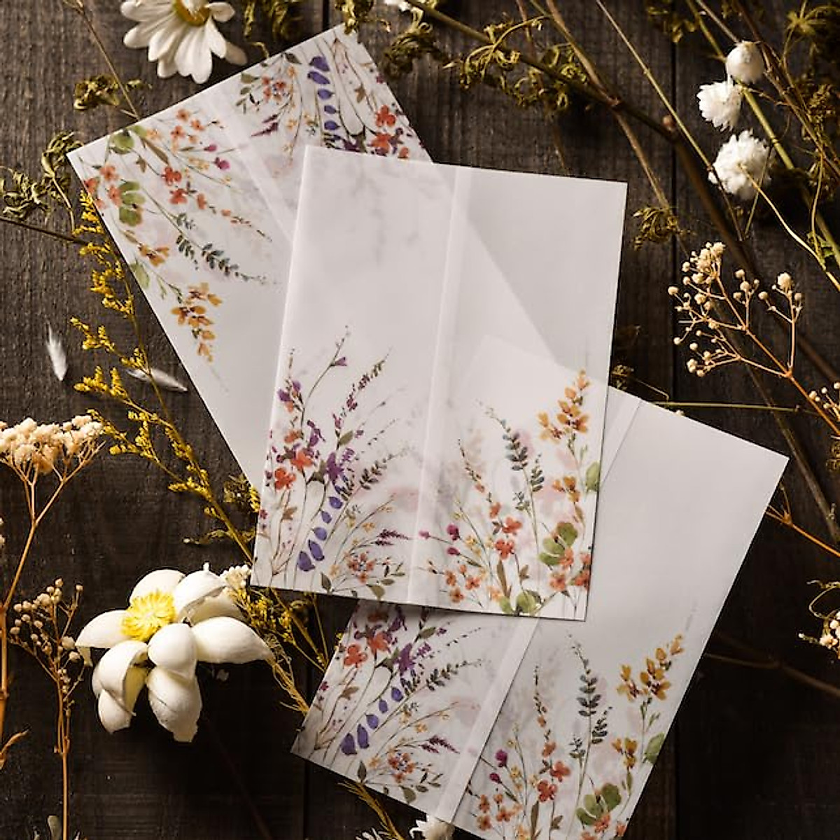 Puremigo 50 Pack Wildflower Printed Pre-Folded Vellum Jackets for 5x7 Invitations - 115GSM Vellum Paper 5x7 Jackets - Vellum Wedding Invitations Wraps - Transparent Wedding Invitations Jacket