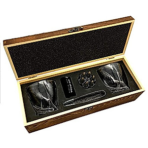 Luxury Whiskey Glass Set of 2, Gift Set in Wooden Box, Includes 6 Whiskey Ice Stones, Velvet Bag and Stainless Steel Tongs. Great Gift for Men, Dad, Christmas.