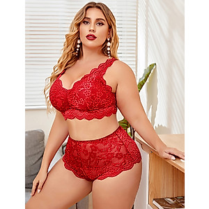 Avidlove Women Sexy Plus Size Lingerie Set Sexy Lace Bra High Waist Panty Set Red
