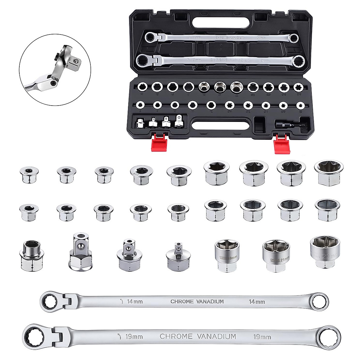 AKM TOOL 27 PC Flex Head Ratcheting Wrench Set, Metric | 72-Tooth | 8-22mm | Extra Long Double Box End Ratchet Wrench Flex Head Wrench Set