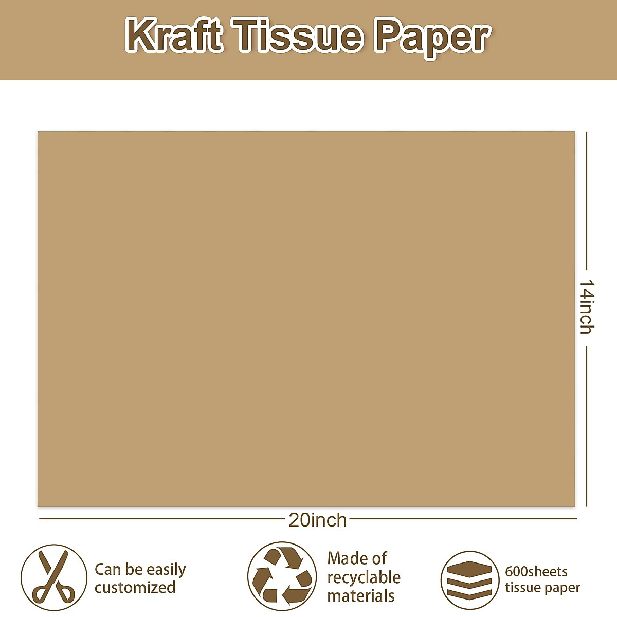 JarThenaAMCS 600 Sheets Kraft Tissue Paper Brown Gift Wrapping Paper Solid Color Decorative Art Craft Flowers Bouquet Packing Paper for DIY Crafts Wedding Birthday Party Home Decor, 14 x 20 Inch