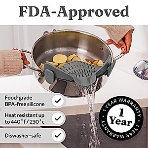 Kitchen Gizmo Snap N Strain Pot Strainer and Pasta Strainer - Adjustable Silicone Clip On Strainer for Pots, Pans, and Bowls - Kitchen Colander - Gray