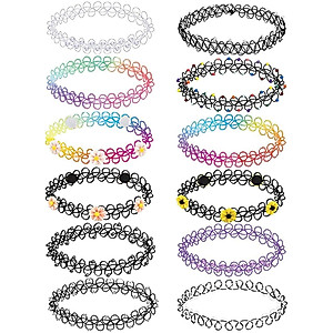 BodyJ4You 12PC Tattoo Choker Necklace for Women - 90s Choker Necklaces for Girls - Pride Rainbow Choker Clear Black Purple Pink Daisy Flower - Stretchy Elastic Chokers Neck Lace