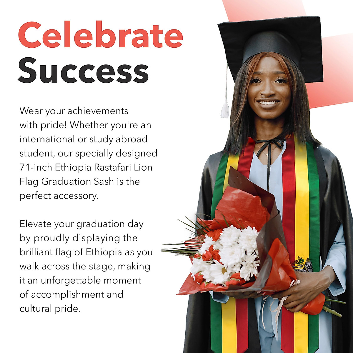 Vision Wear - Ethiopian Rastafari Lion Flag Graduation Sash/Stole - Cultural Emblem - Embrace Your Roots - Ethiopian Pride & Honor Sash