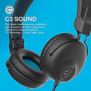 JLab Studio On-Ear Headphones | Wired Headphones | Tangle Free Cord | Ultra-Plush Faux Leather with Cloud Foam Cushions | 40mm Neodymium Drivers with C3 Sound | Black
