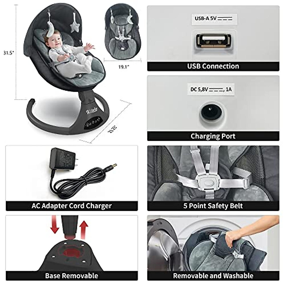 Baby Swing for Infants,5-Speed Baby Swing with 12 Preset Lullabies, Remote Control Baby Swings for Infants with Touch Screen Infant Swing for 5-20 lb,0-9 Months Suitable for Indoor and Outdoor.