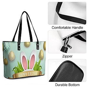 Womens Handbag Happy Easter And Eggs And Bunny Ears Leather Tote Bag Top Handle Satchel Bags For Lady