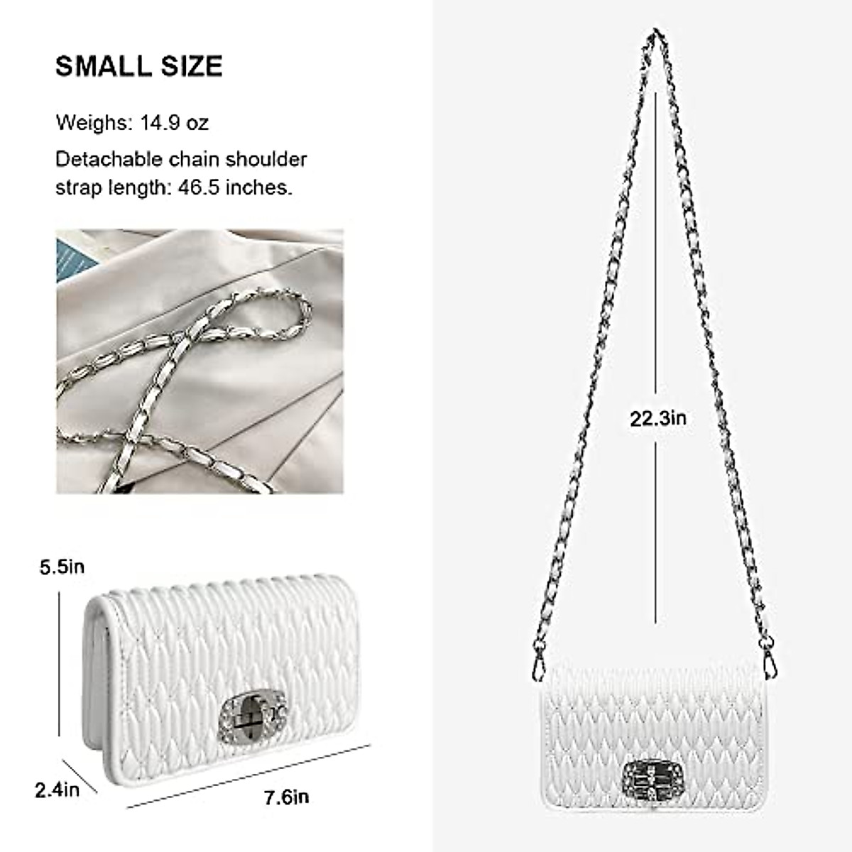 AMHDV Small Quilted Clutch Purse for Women Designer Evening Chain Shoulder Bag and Handbag Leather (White)