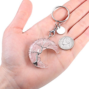 Top Plaza Rose Quartz Crystals Stones Keychain Life Tree Wire Wrapped Crescent Moon Keychain Natural Healing Gemstones Keychain Keyring for Women Mom Birthday Mother’s Day Gifts