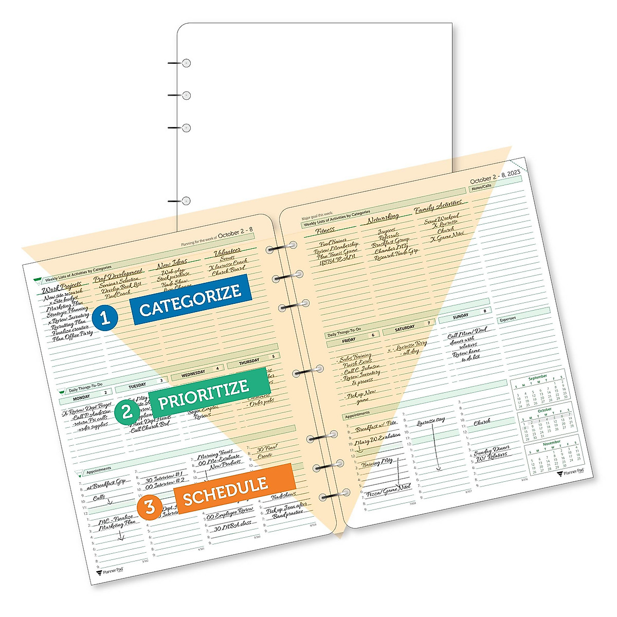 Planner Pad 7 Hole Loose Leaf 3-Tier Funnel Down 12 Month Organizer, Oct 1st Start (Oct 2023 - Sept 2024), Soft Green Ink, 8 1/2" x 11”