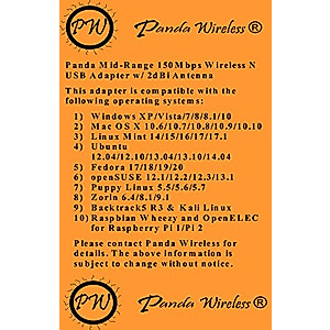 Panda Wireless® Mid Range 150Mbps Wireless N USB Adapter w/ 2dBi Antenna - Win XP/Vista/7/8/10/11, Mint, Ubuntu, MX Linux, Manjaro, Fedora, Centos, Kali Linux and Raspbian