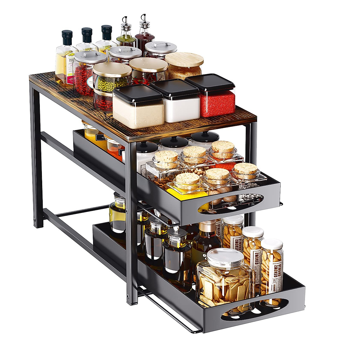 Under Sink Organizers and Storage, 2-Tier Sliding Under Bathroom Cabinet Storage Drawer Organizer with Solid Rustic Wood Top, Multi-purpose Under Sink Shelf Organizer for Home, Kitchen, Bathroom